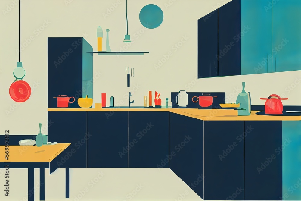 cartoon modern kitchen interior with table design illustration Stock ...