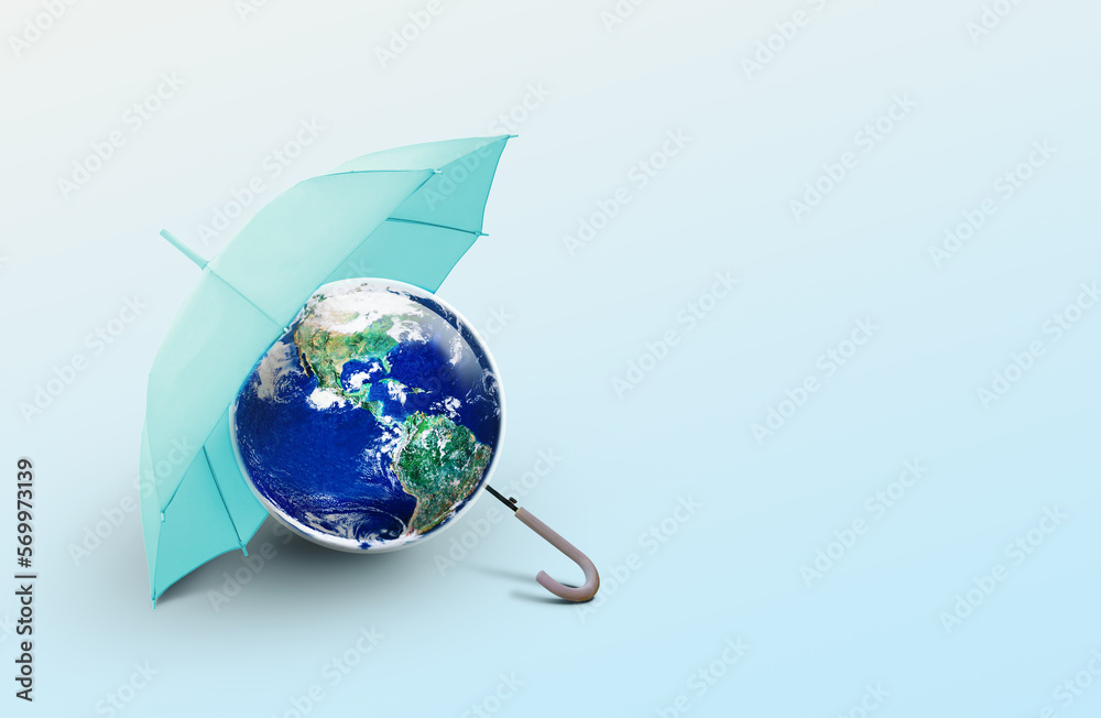 Umbrella covering Earth globe on light background, protect our planet ...