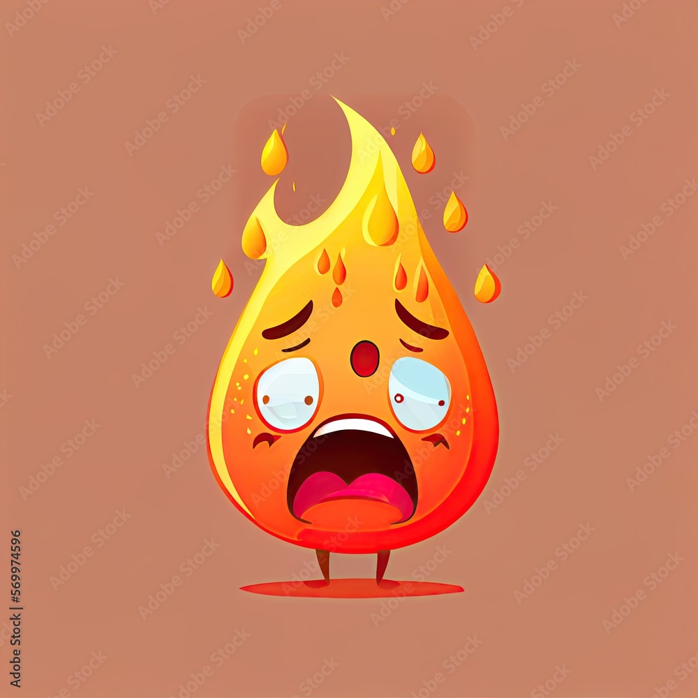 cute flame cartoon character shows emoji loudly crying face, cartoon ...