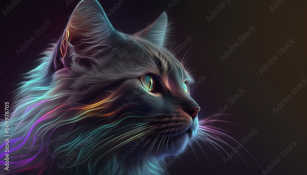 Neon glowing cat animal isolated on dark background, phantasmal ...
