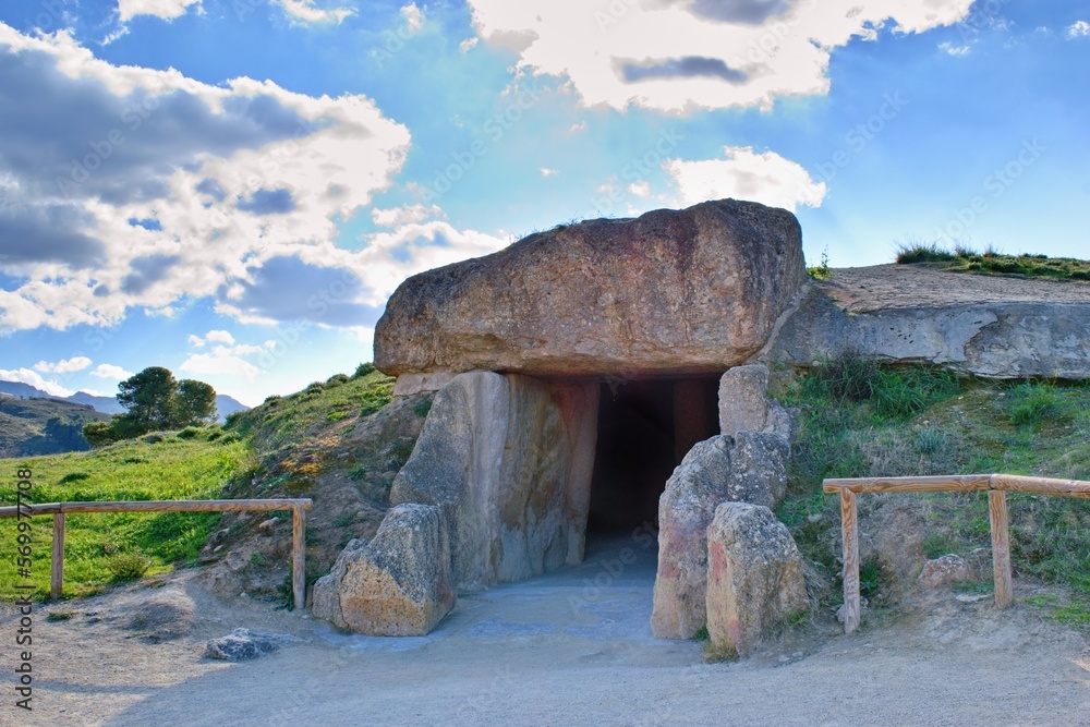 Dolmen de Menga - exterior of megalithic burial tumulus. One of the ...