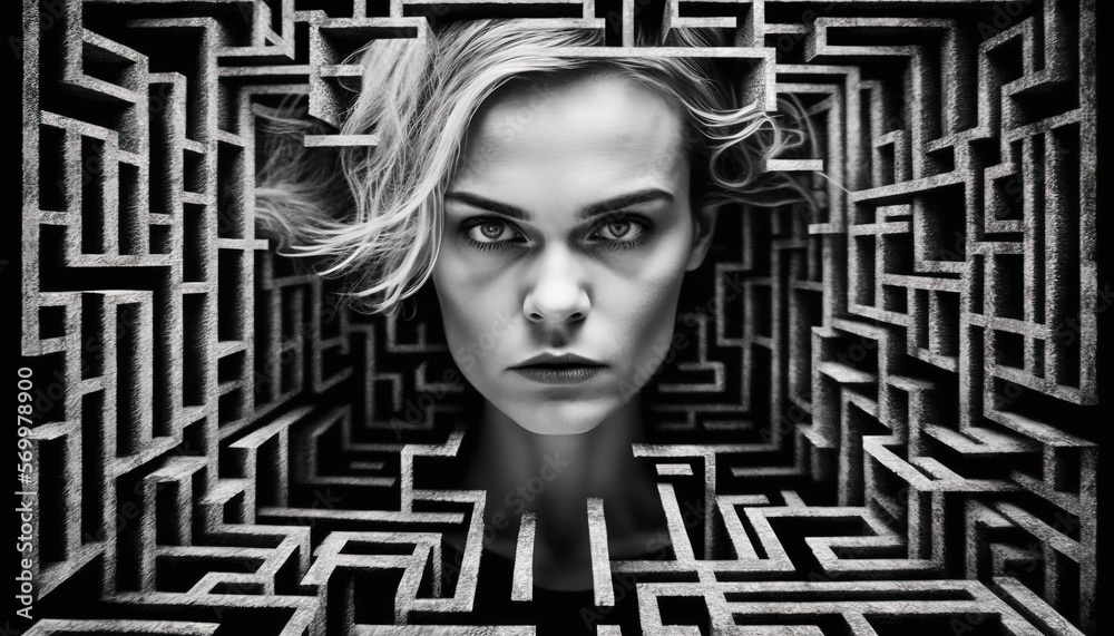 Woman in a maze of her own mind concept of mental health problem for ...