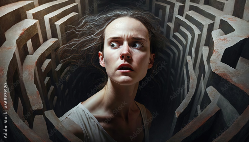 Woman in a maze of her own mind concept of mental health problem for ...