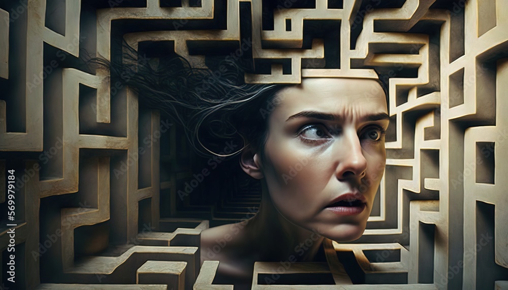 Woman in a maze of her own mind concept of mental health problem for ...