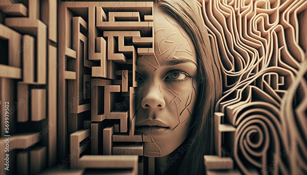 Woman in a maze of her own mind concept of mental health problem for ...