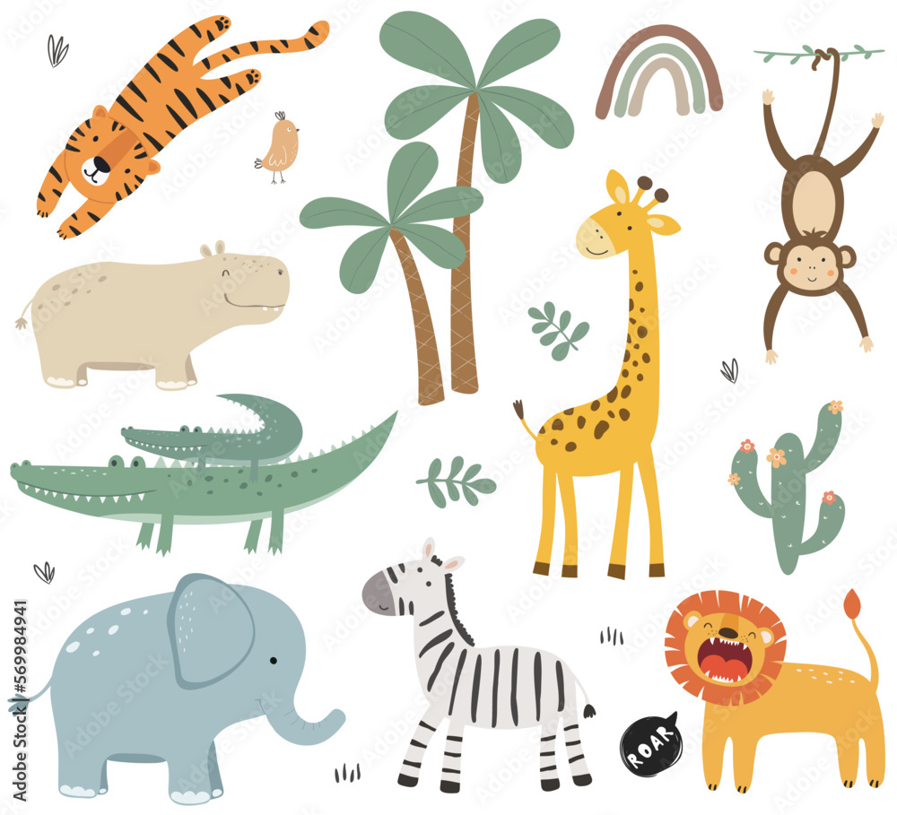 Set of cute african animals. Elephant, tiger, leon, giraffe, hippo ...