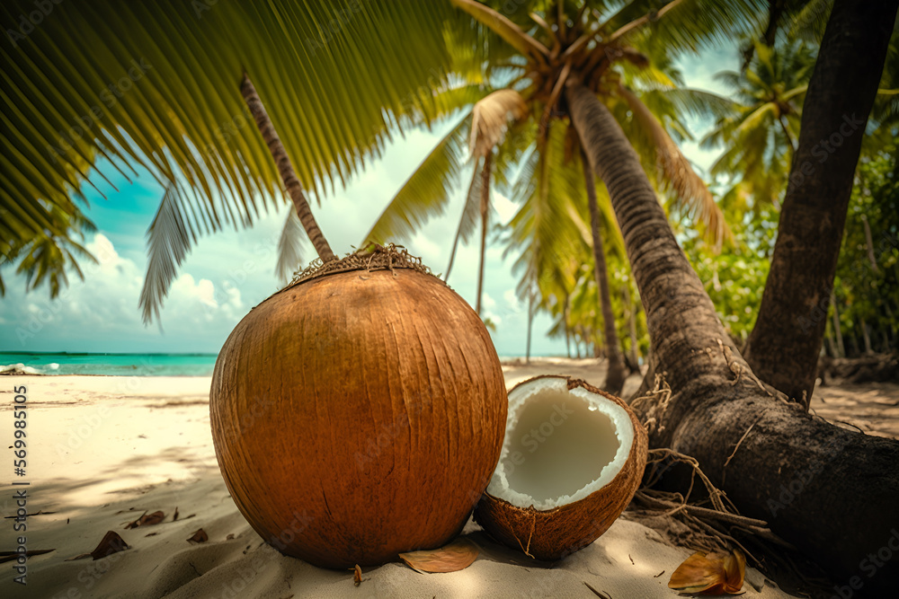 coconut on the beach. A fresh cut king coconut under a king coconut ...