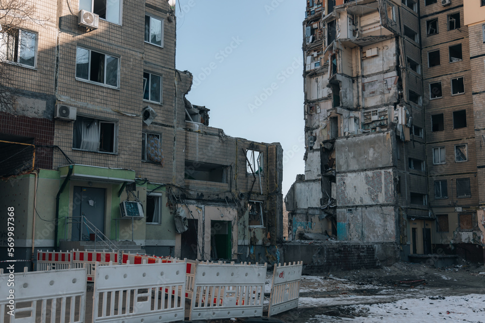 Impact on a high-rise building in the city of Dnipro, Ukraine. A ...