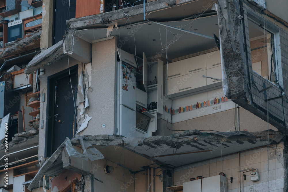 Impact on a high-rise building in the city of Dnipro, Ukraine. A ...
