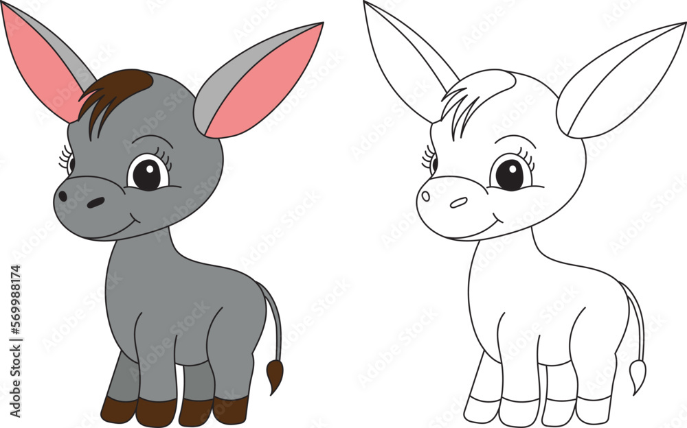 donkey cartoon, coloring book on white background vector Stock Vector ...
