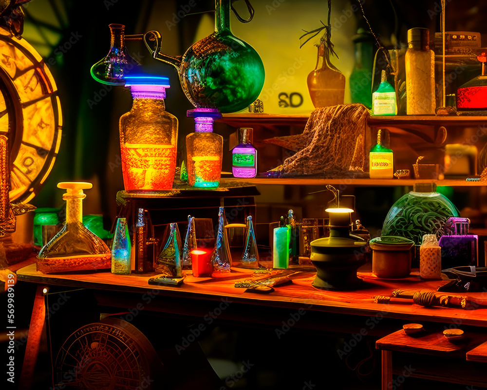 Generative AI, alchemy lab, jars, potions, flasks, powders, scientific ...