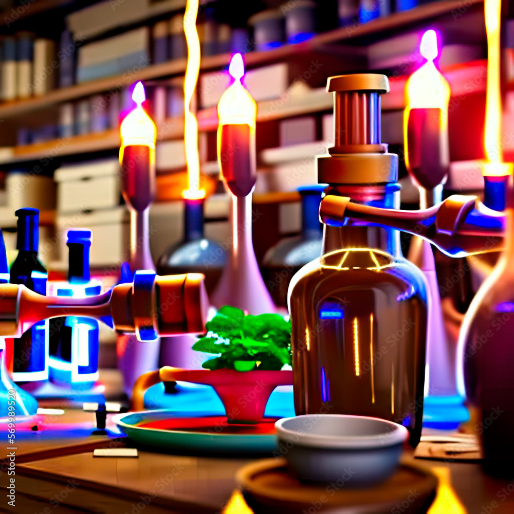 Generative AI, alchemy lab, jars, potions, flasks, powders, scientific ...