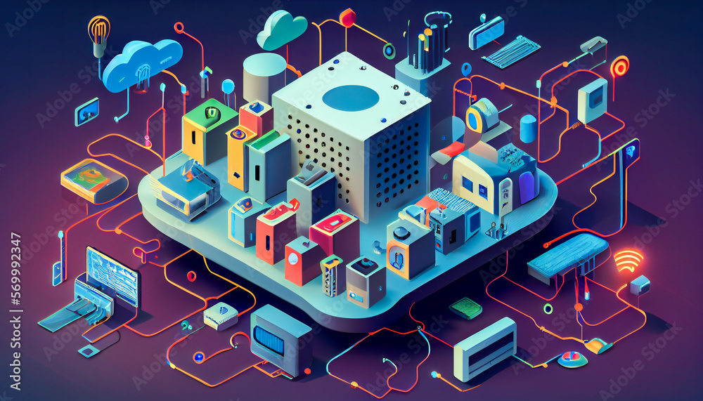 A graphical representation of a connected IoT network, with various nodes, devices, and ...