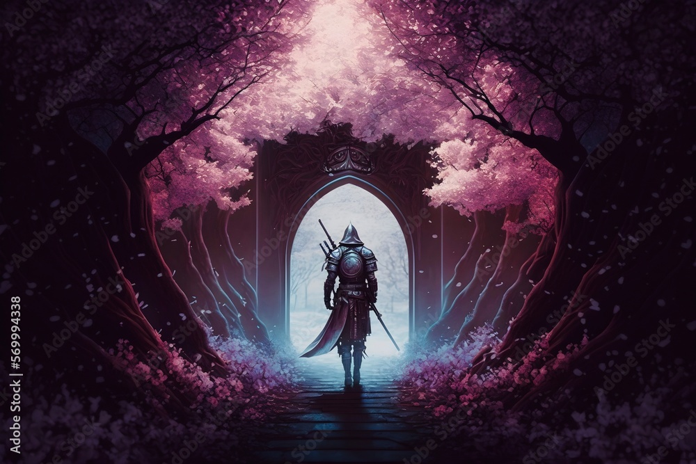 Beautiful Blossom Forest Background with a Medieval Knight Stock ...