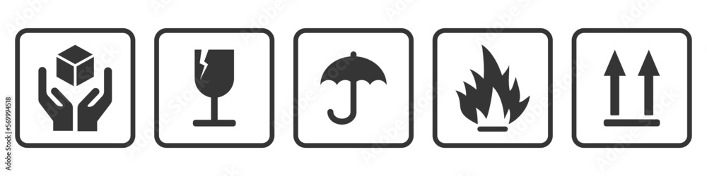 Fragile goods icons, warning signs FRAGILE MARK label, box decals, shipping mark, package mark ...