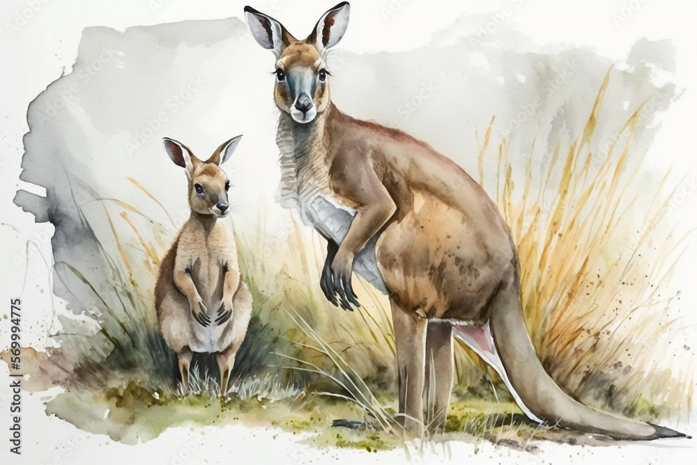 Watercolor painting of kangaroo with cub on grassy field. Generative AI ...