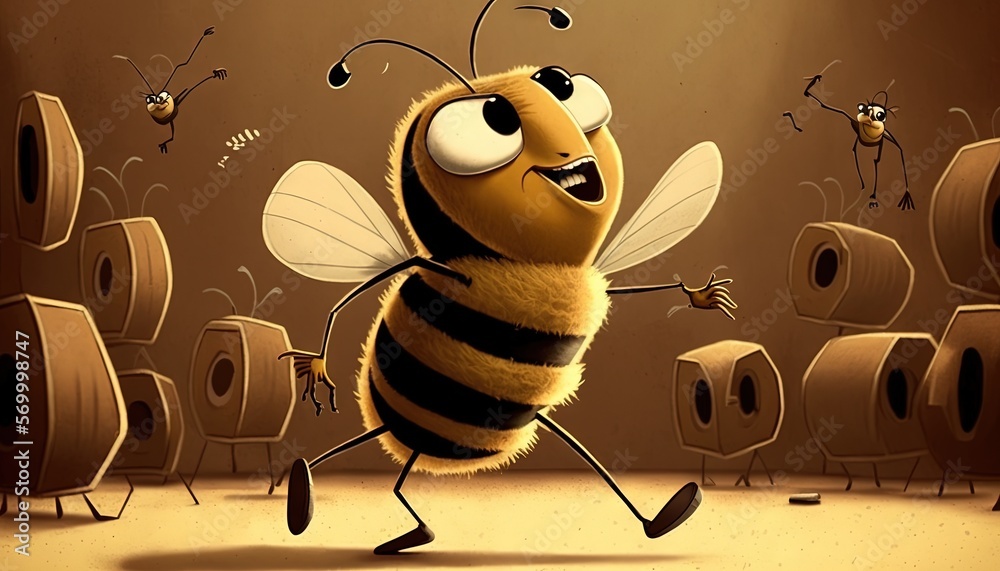 a cartoon bee is running in front of a group of chairs with eyes wide ...