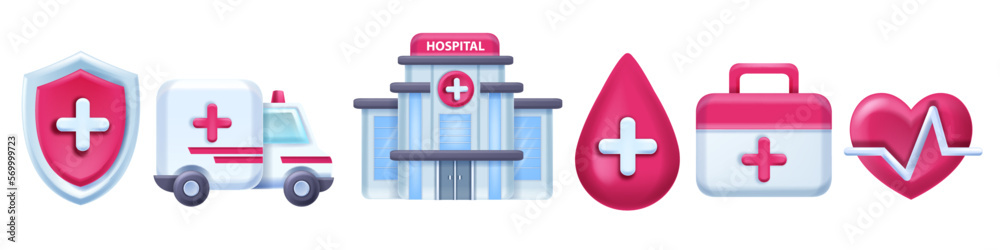3D medic icon set, pulse line pharmacy hospital pictogram, vector ...