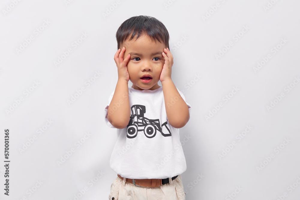Surprised young Asian kid boy 2 years old wearing a white t-shirt ...