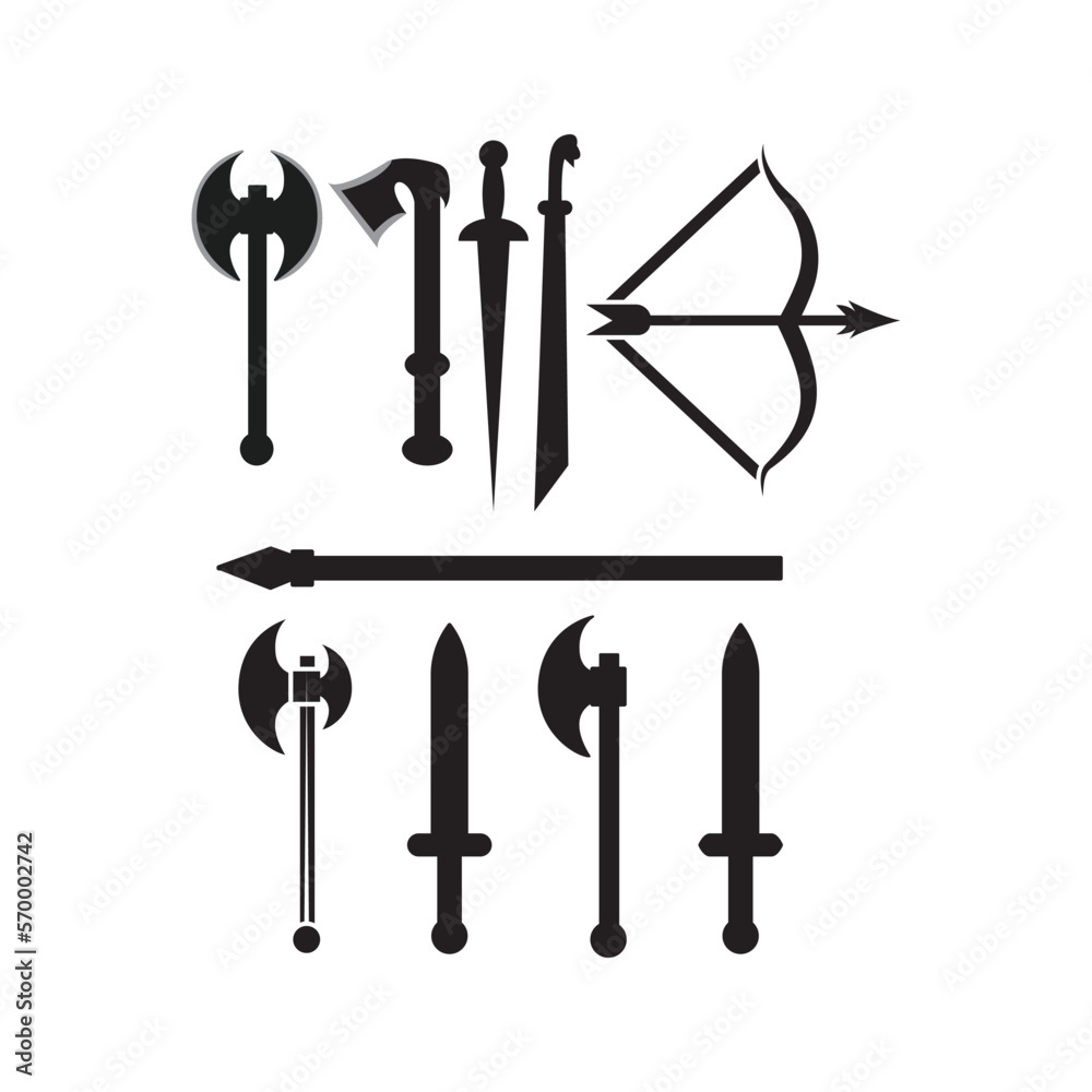 set of arms. Set of medieval weapons. Antique swords, axes, spears ...