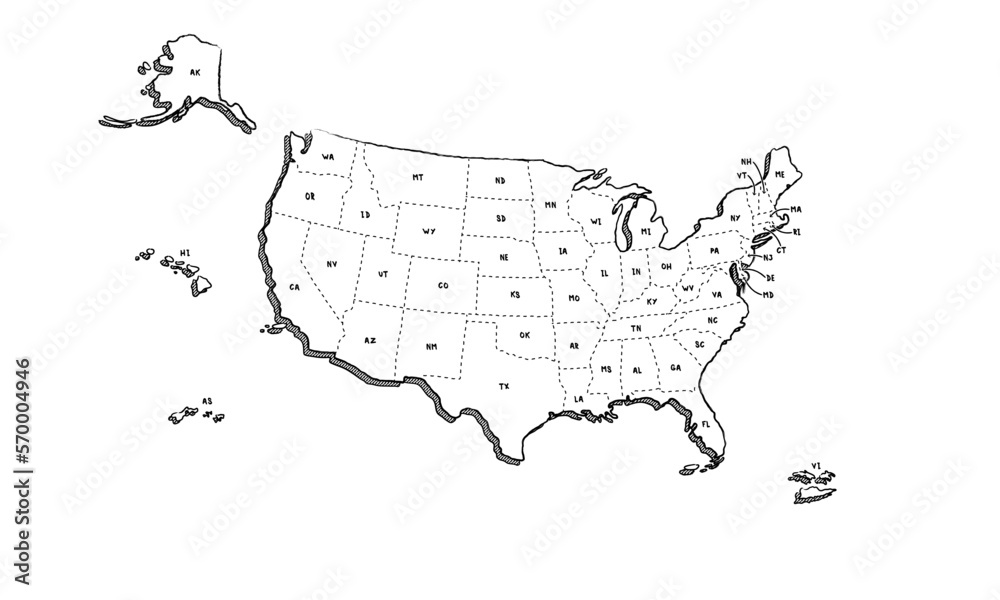 Vector hand drawn map of the US. USA black and white illustrated map ...