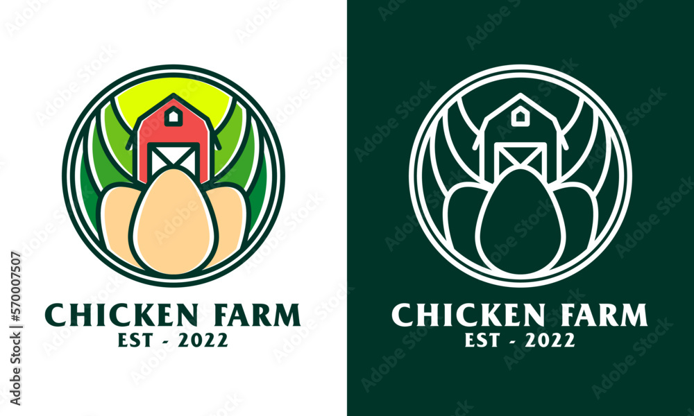 Chicken farm logo, combining egg shape and farm scene. Made in a ...