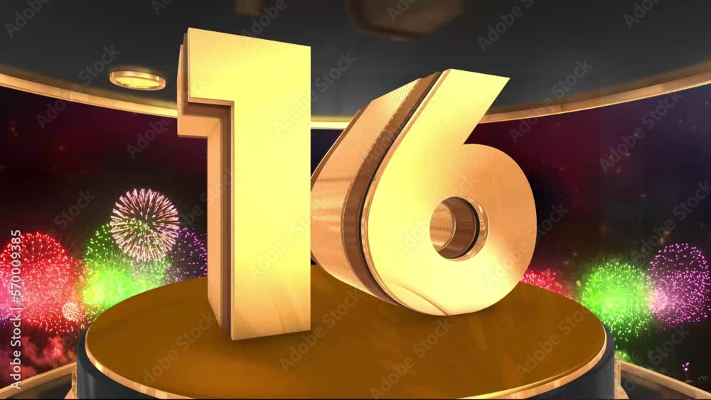 16th birthday animation in gold with fireworks background, Animated 16 ...