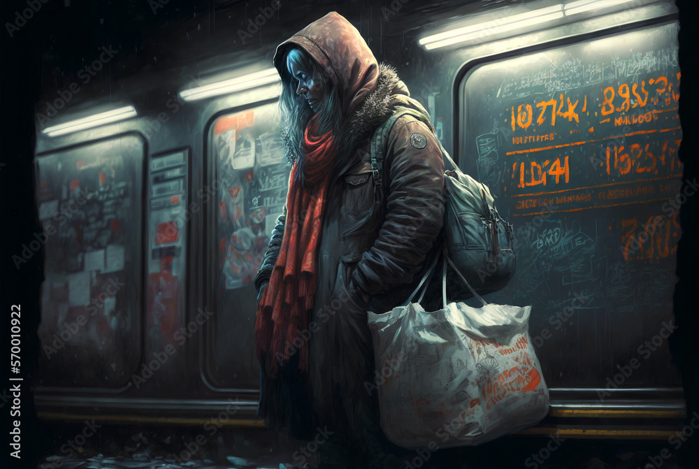 Homeless woman on an underground subway platform generative AI Stock ...