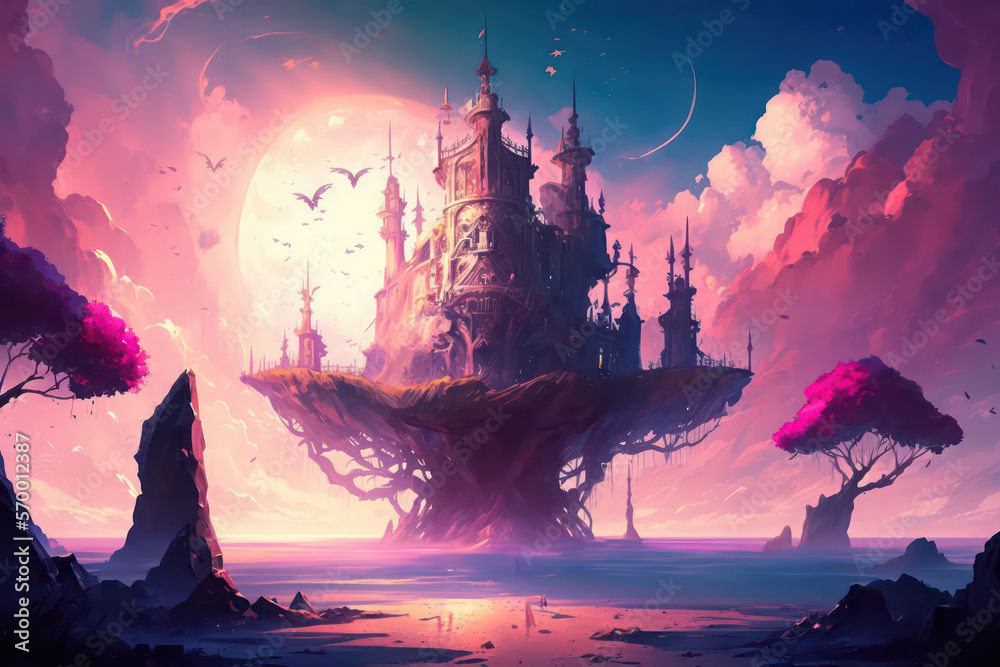 Magic castle on small island. Home tree. Small palace in fantasy world ...