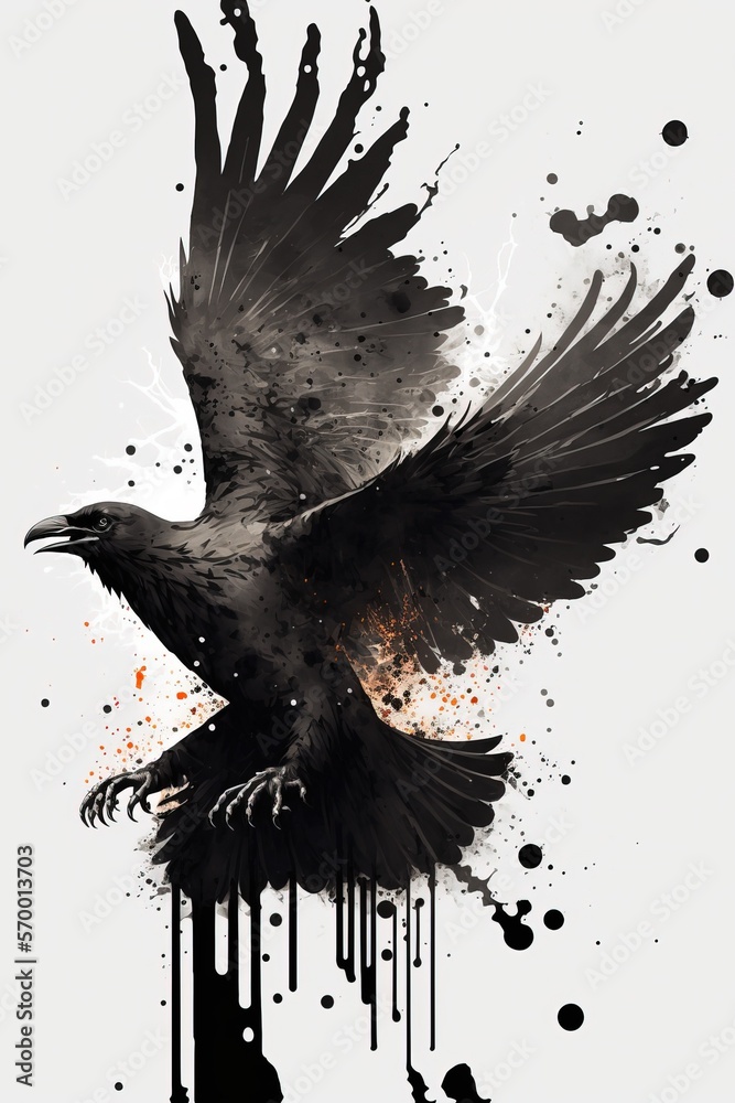 watercolor painting of a black crow flying. ink drops and brush strokes ...