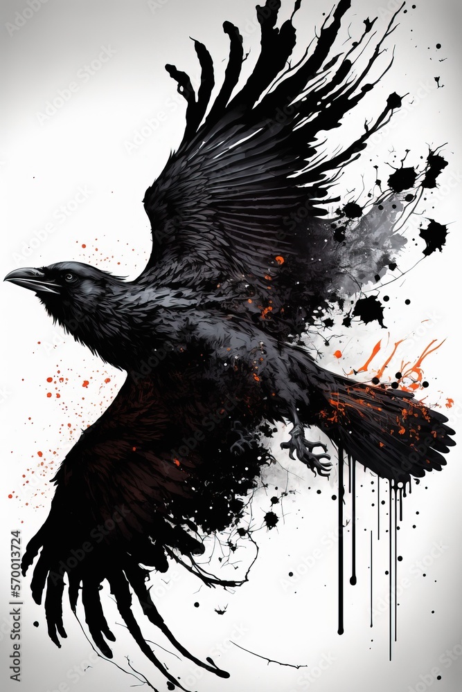 Tempera Painting of a flaming crow. ink drops and brush strokes Stock ...