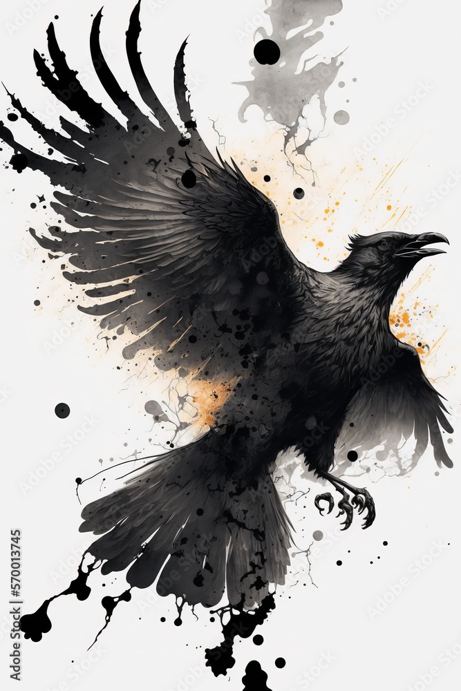 charcoal sketch of a flaming crow. ink drops and brush strokes Stock ...