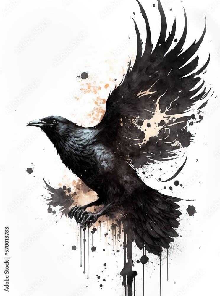 Pen and Ink Drawing of a black flying raven. white background. ink ...