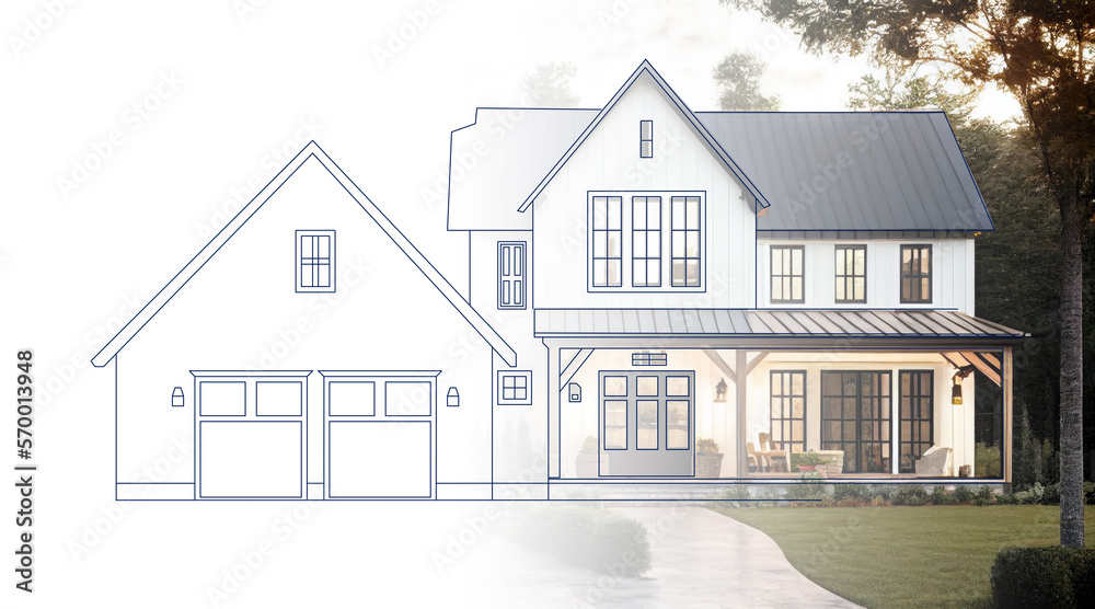 3D Render Modern Farmhouse Architecture House Design on Isolated ...