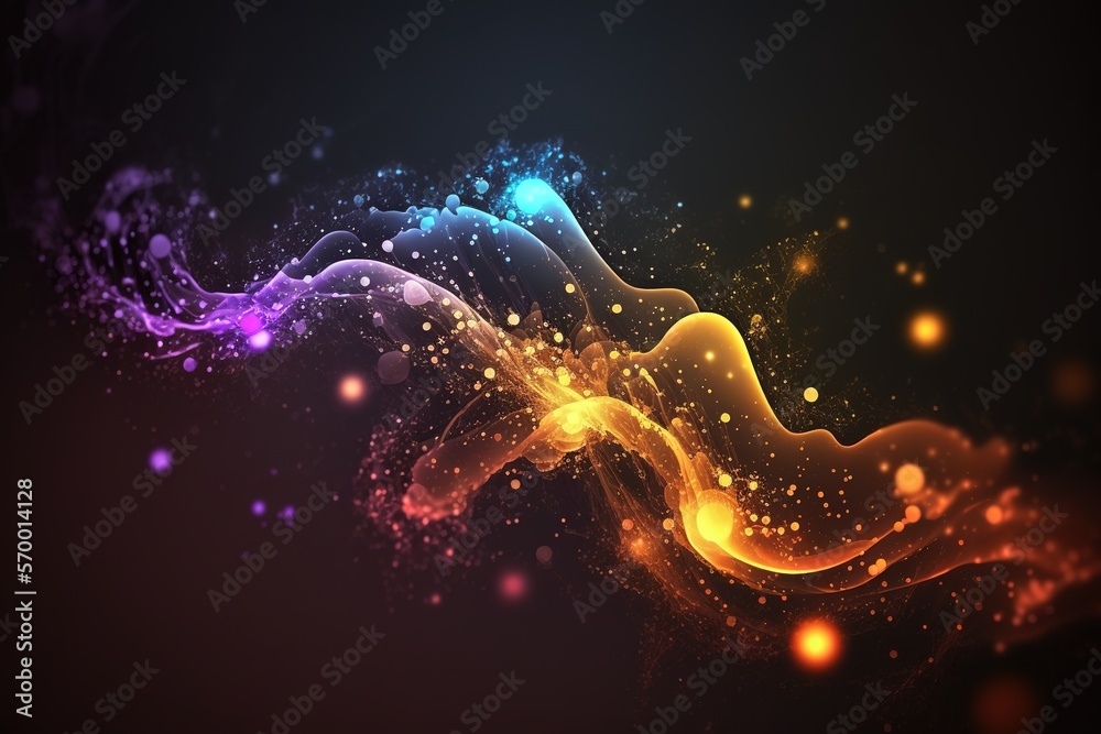 Glowing colorful particles liquid dynamic flow on dark background. Fluo ...