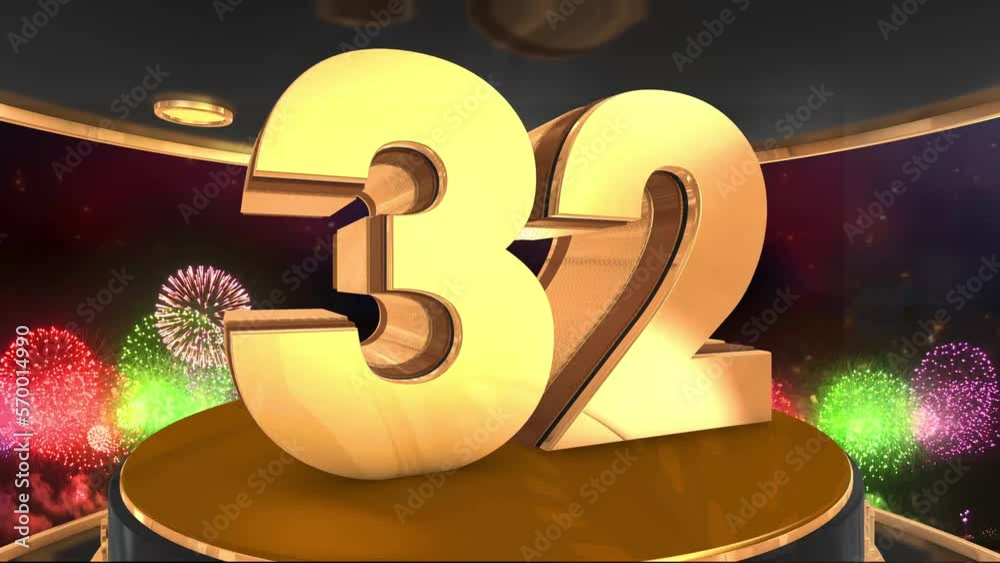 32nd birthday animation in gold with fireworks background, Animated 32 ...