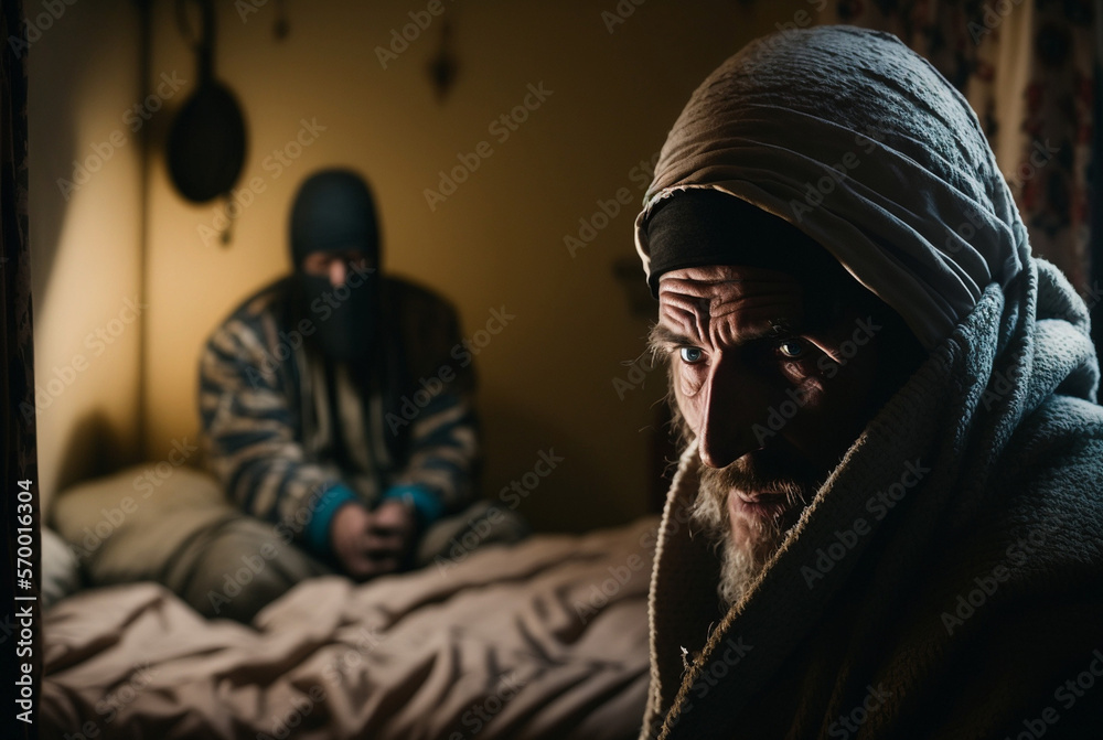 two criminal men hide in a simple shelter, masked criminals or robbers ...