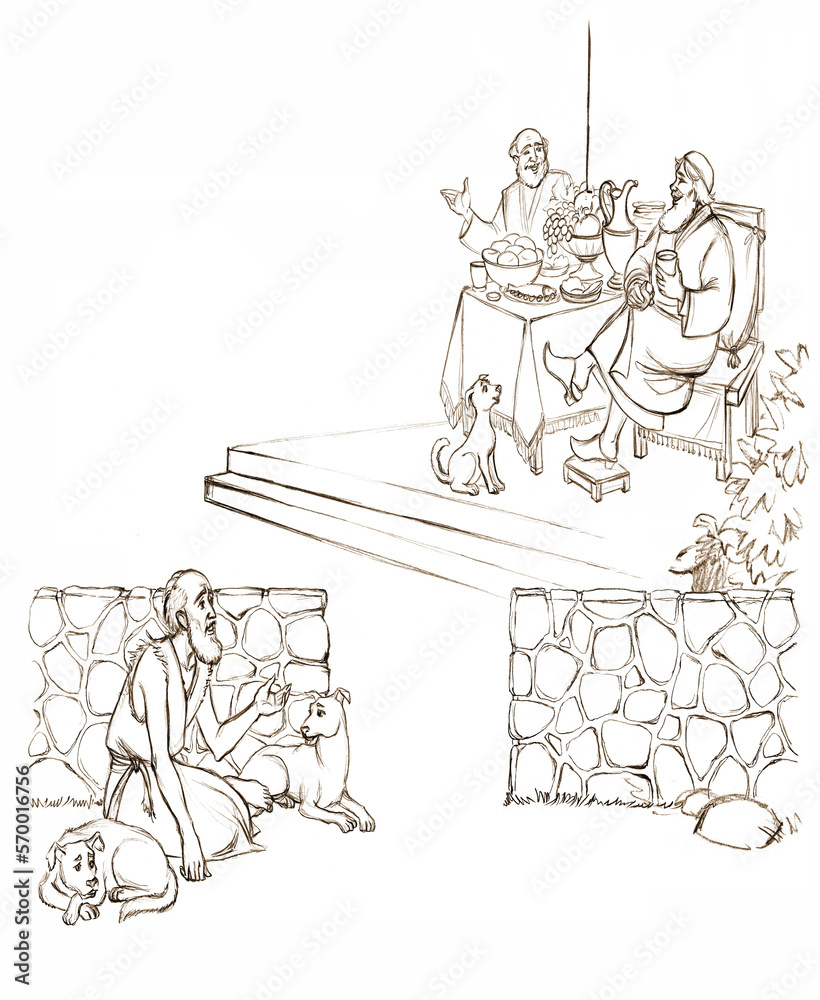 Pencil drawing. The rich man is feasting and the beggar asks for food ...