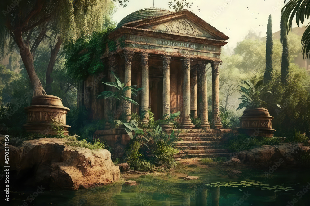 Concept art illustration painting of a beautiful ancient temple in the ...