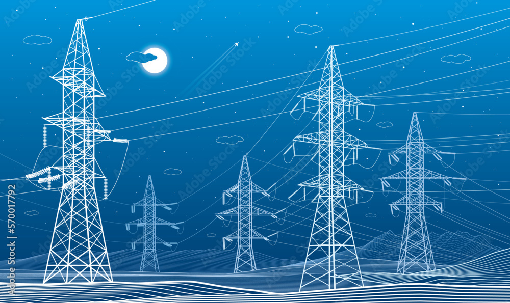 High voltage transmission systems. Electric pole. Energy pylons. Power ...