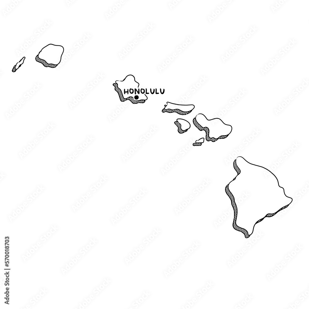 Vector hand drawn map of Hawaii HI with main cities. US States black ...