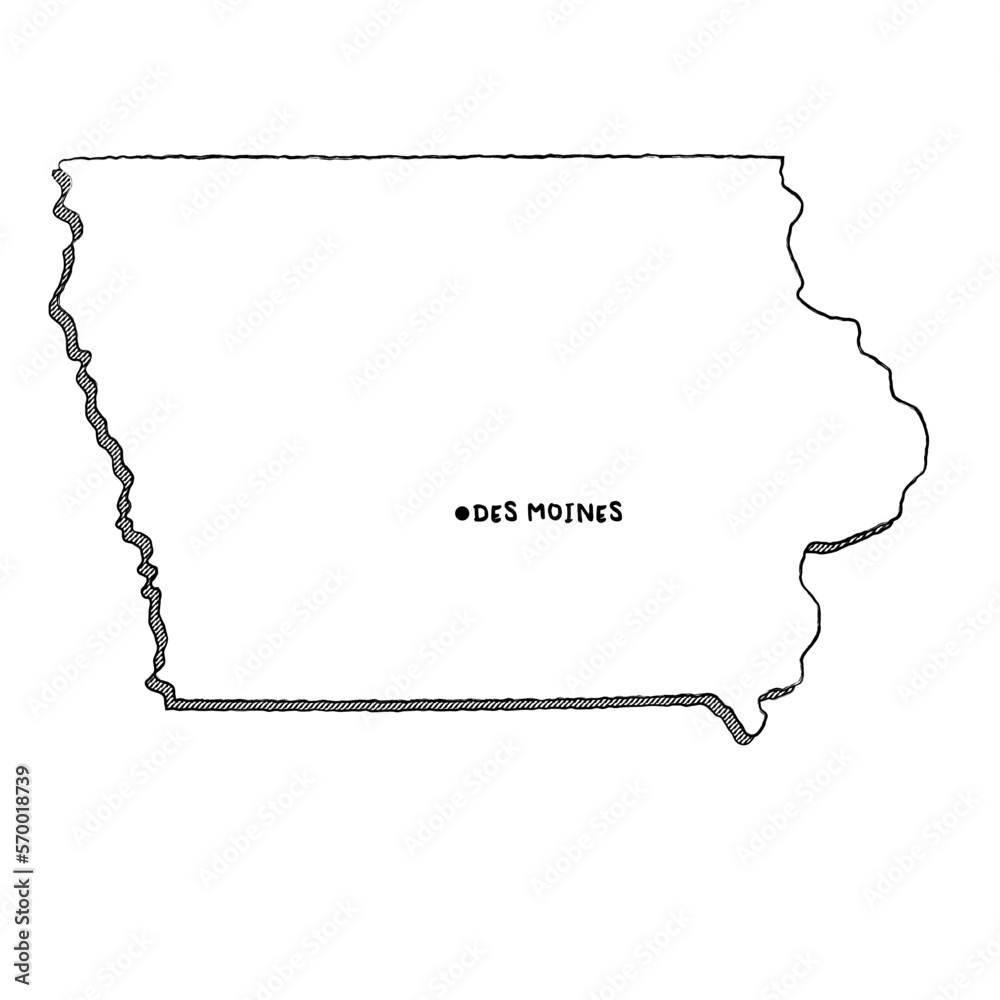 Vector hand drawn map of Iowa IA with main cities. US States black and ...
