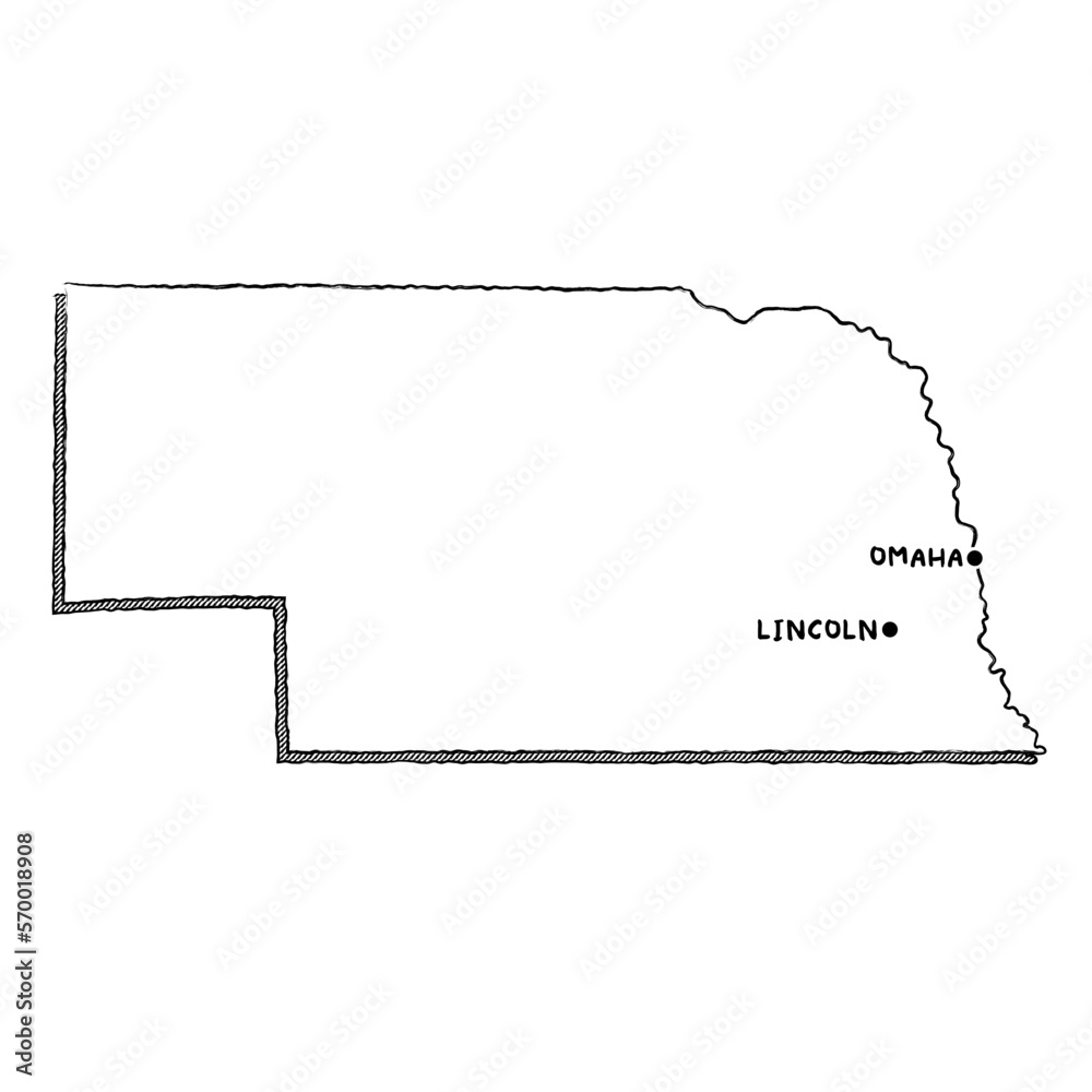 Vector hand drawn map of Nebraska NE with main cities. US States black ...