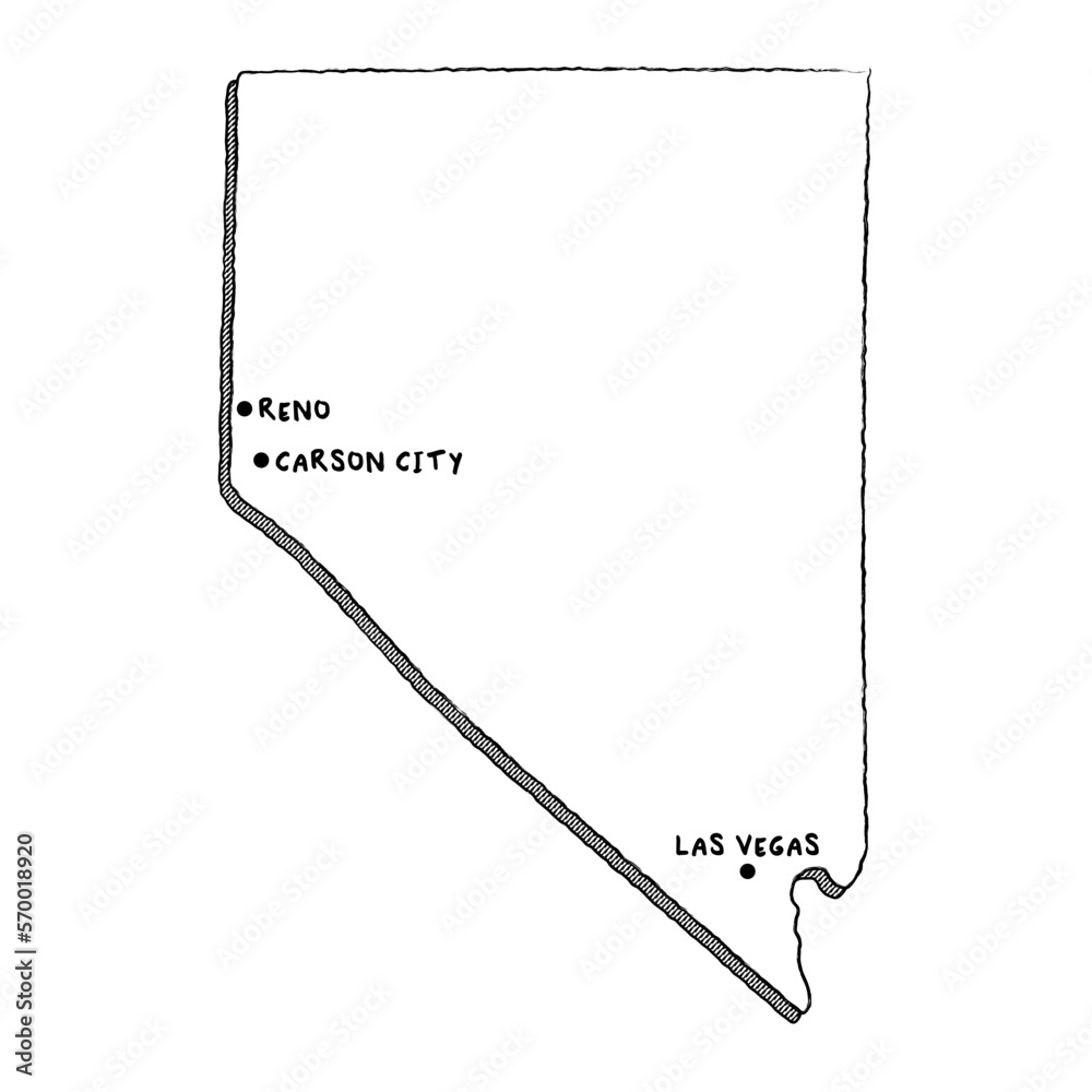 Vector hand drawn map of Nevada NV with main cities. US States black ...