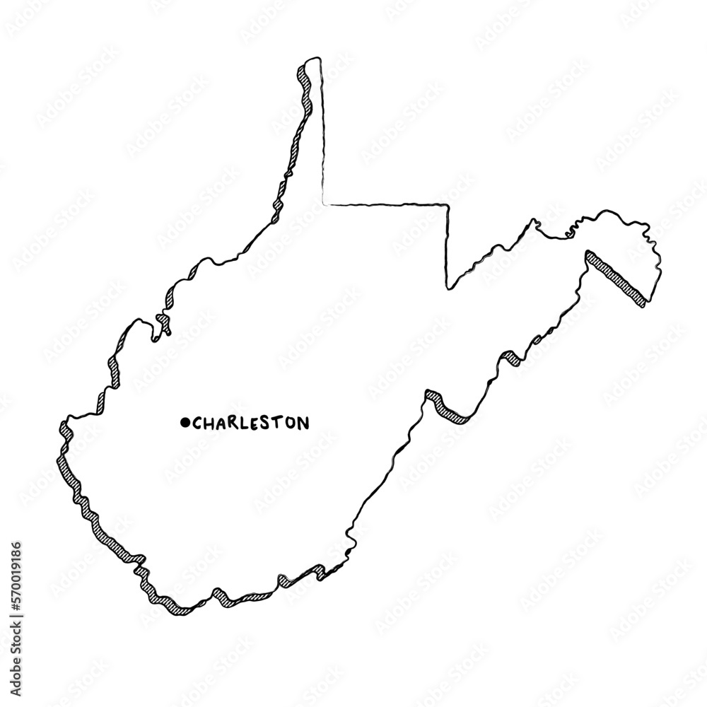 Vector hand drawn map of West Virginia WV with main cities. US States ...