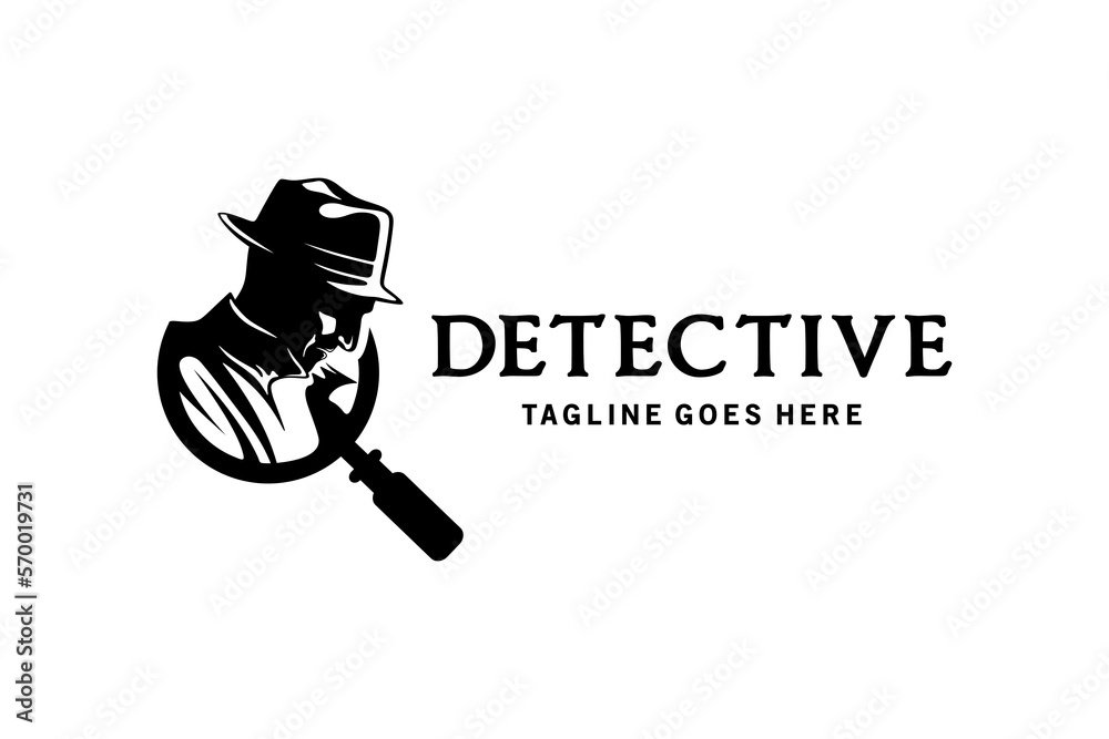 Detective man logo silhouette design with magnifying glass icon blend ...
