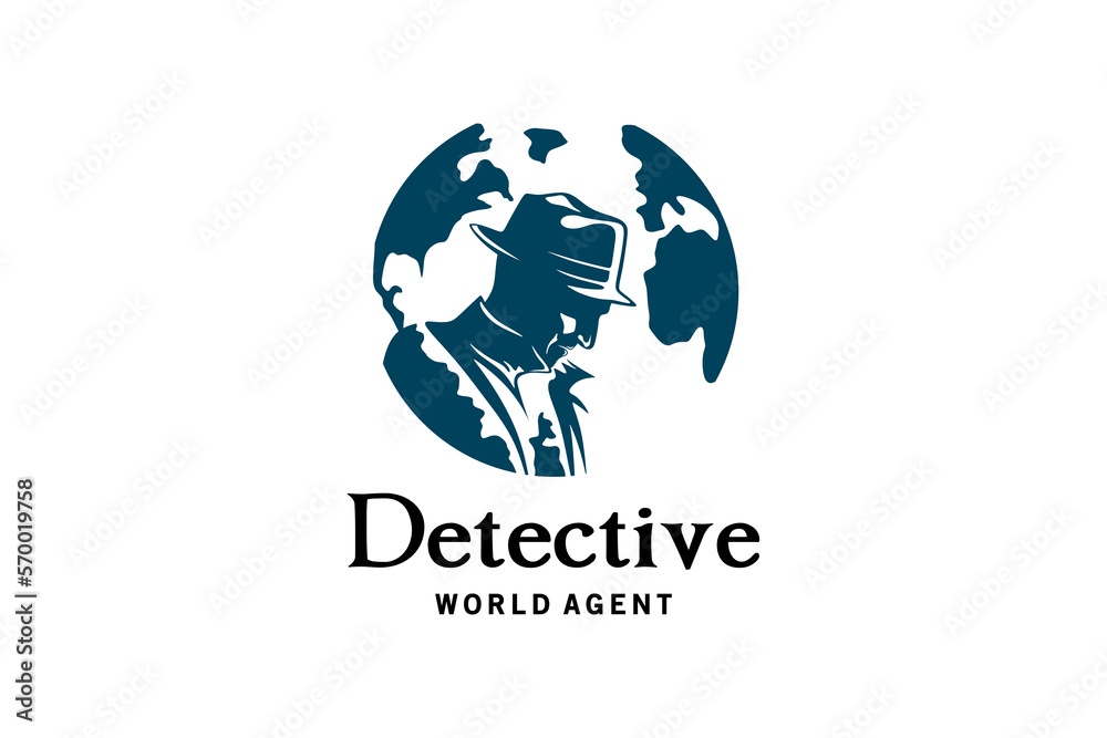 Detective man logo silhouette design with a blend of world icons ...