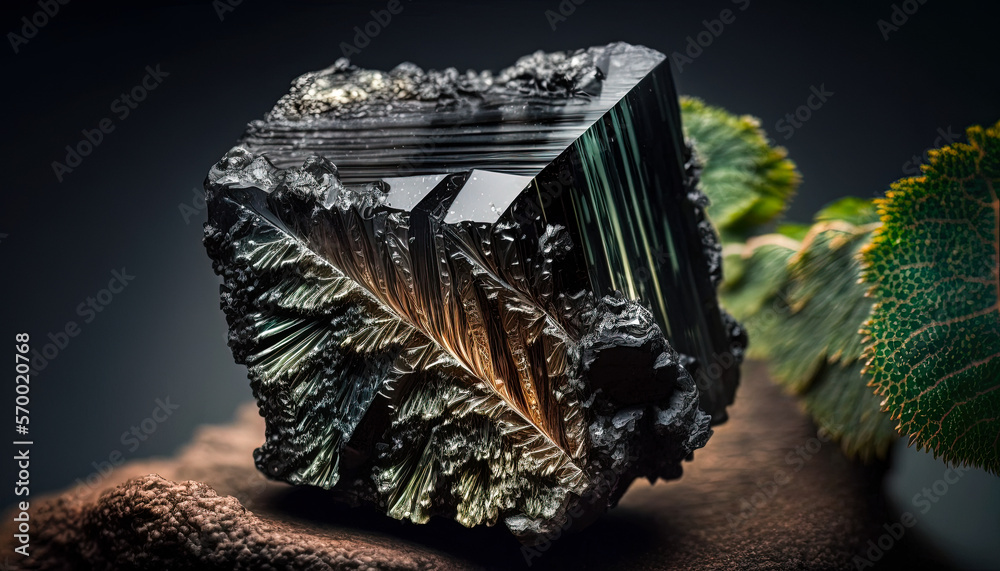 Black Tourmaline cube crystal. Uncut reflective mineral. Close up ...