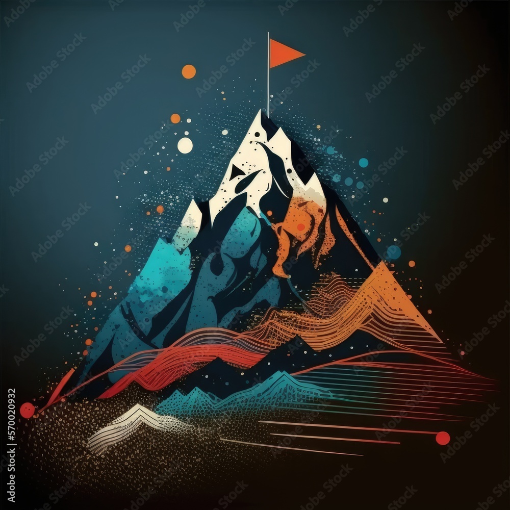 Flag on the top of Mountain in dark background. Mountain climbing route ...