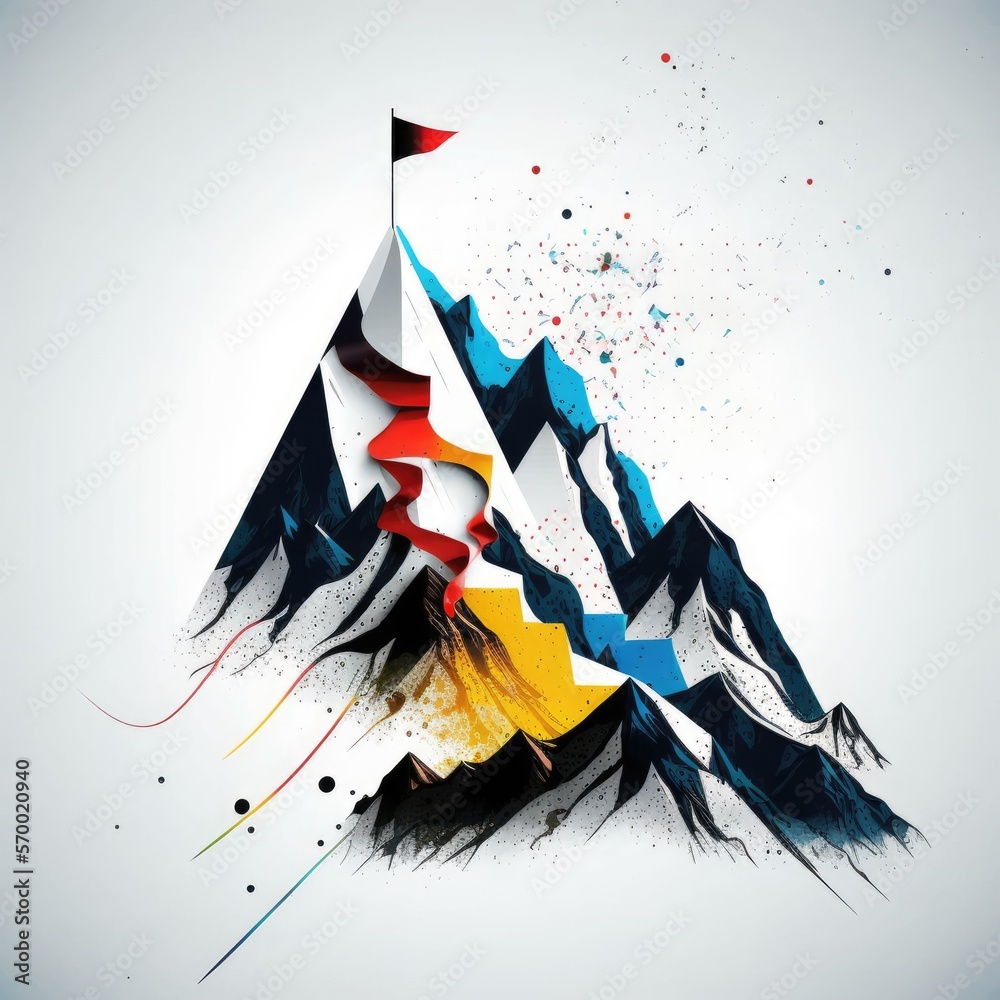 Flag on the top of Mountain in white background. Mountain climbing ...